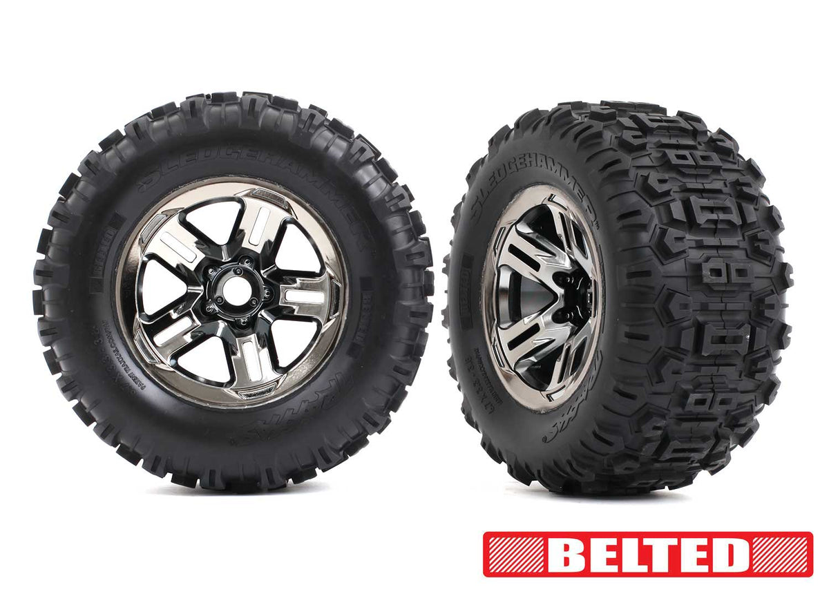 9573A 1/8 Belted Sledgehammer Tires on Black Chrome wheels (Sledge, E ...